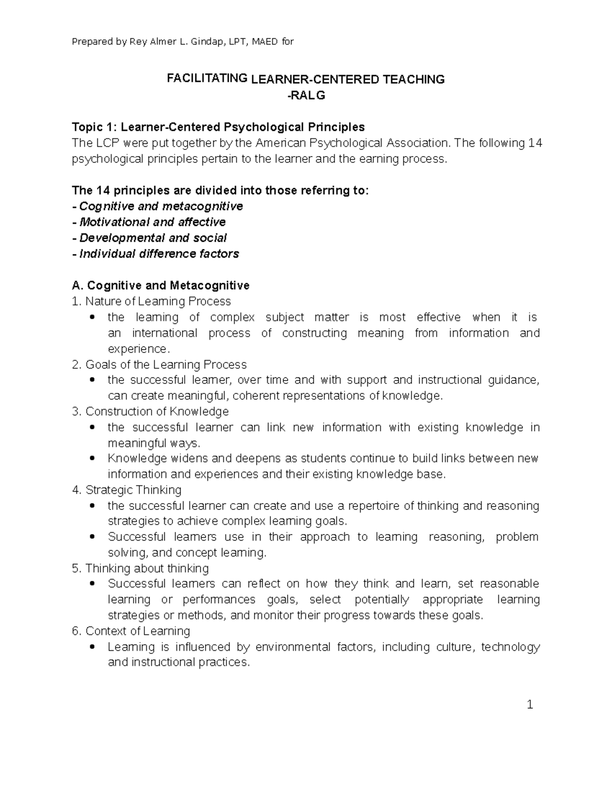 Facilitating Learner Centered Teaching RALG - Prepared by Rey Almer L ...