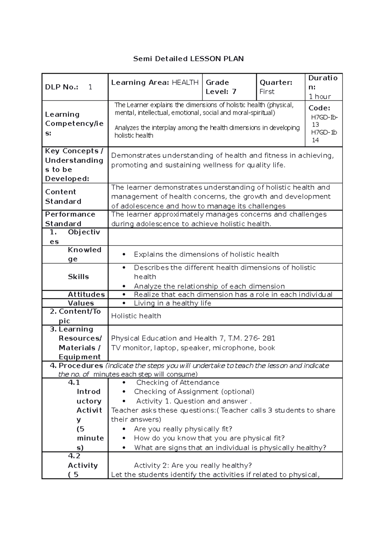 Health 7 Q1 DLP1 - SEME DETAILED - Semi Detailed LESSON PLAN DLP No.: 1 ...