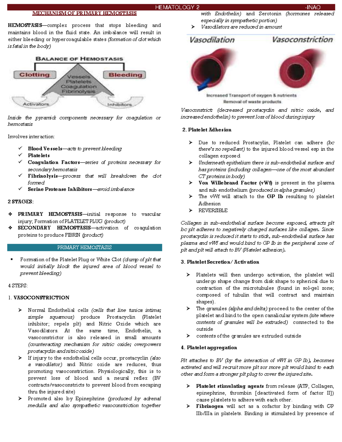 Hemostasis Hemalec WEEK 2 - HEMATOLOGY 2 -INAO MECHANISM OF PRIMARY ...