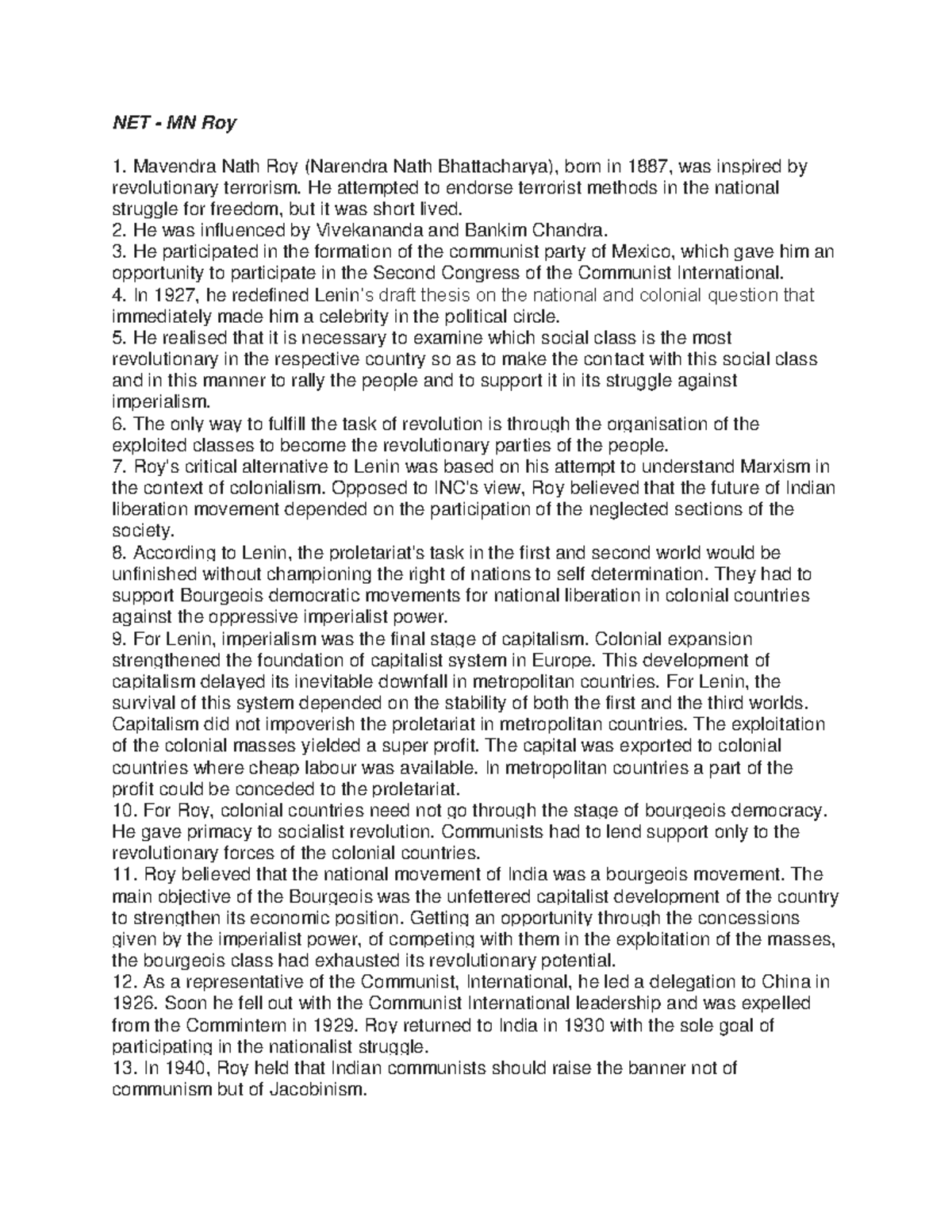 NET - MN Roy - NET notes on Indian Political Thought - M.N Roy provided ...