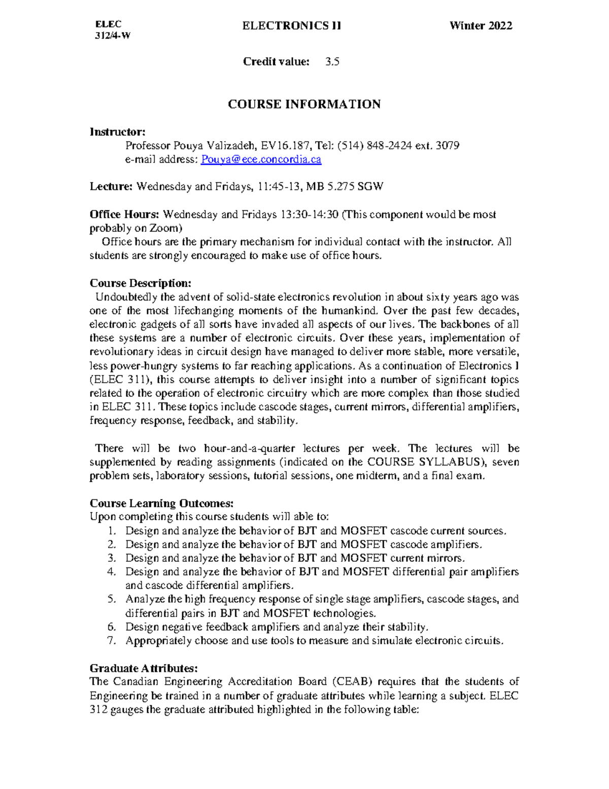 Elec312 Winter 2022 Course Outline Elec 3124 W Electronics Ii Winter 2022 Credit Value 3 