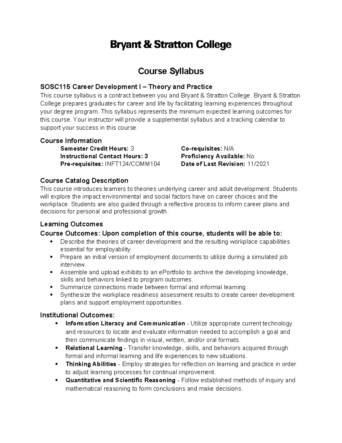 SOSC115 Career Development I - Theory and Practice - Course Syllabus ...