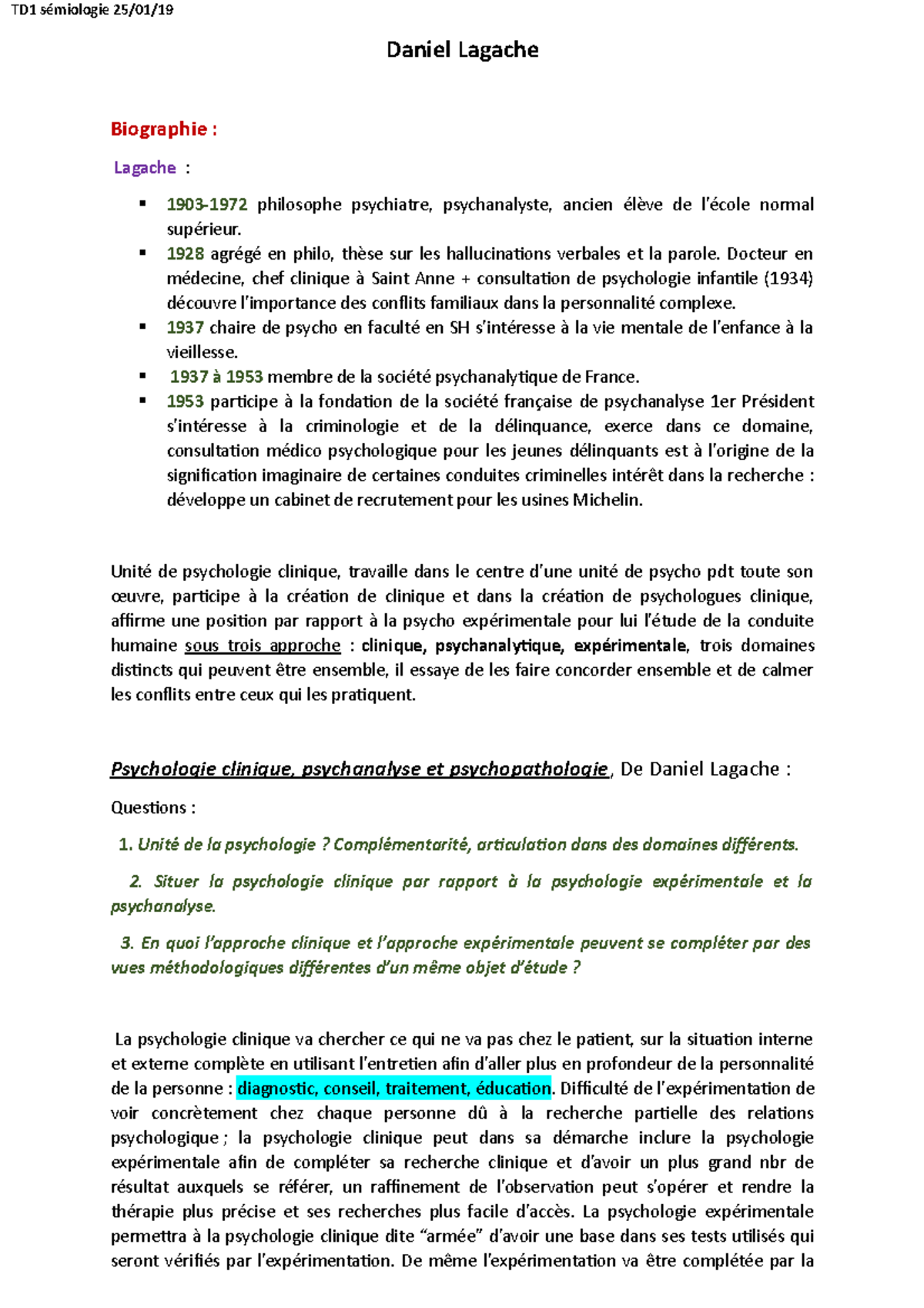 TD1 sémio - TD1 sémiologie 25/01/ Daniel Lagache Biographie : Lagache ...