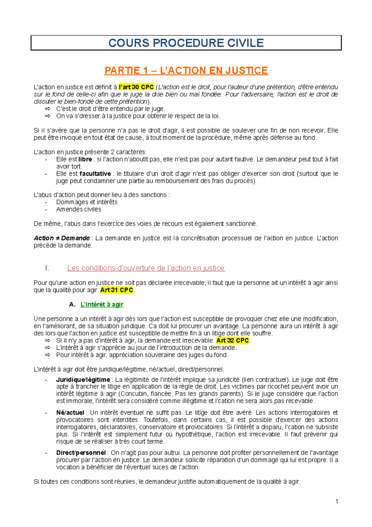 Cours - Procédure Civile - COURS PROCEDURE CIVILE PARTIE 1 EN JUSTICE ...