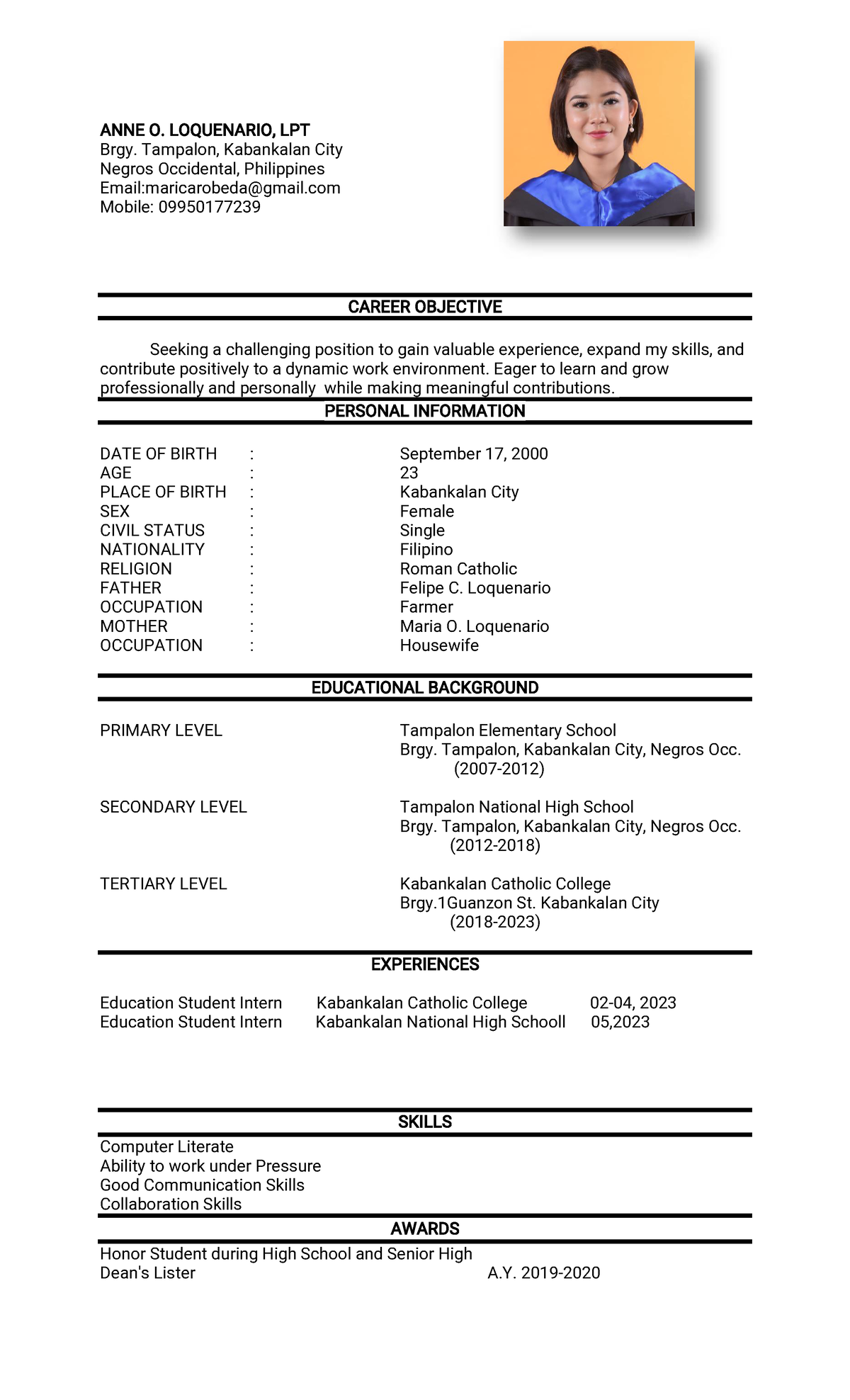 ANNE Resume - ANNE O. LOQUENARIO, LPT Brgy. Tampalon, Kabankalan City ...