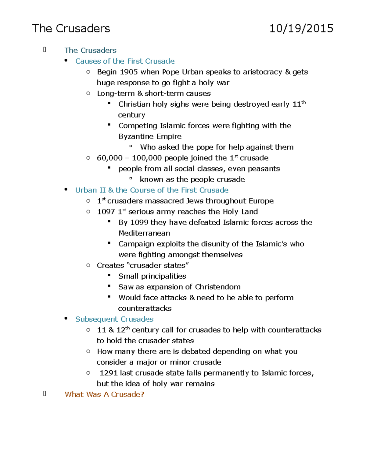 The Crusaders - Outline combining book & class notes - The Crusaders 10 ...