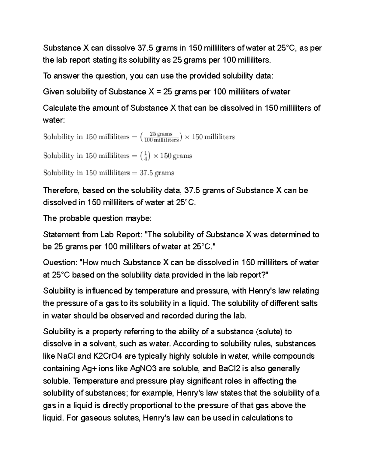 Lab report solubility - Substance X can dissolve 37 grams in 150 ...