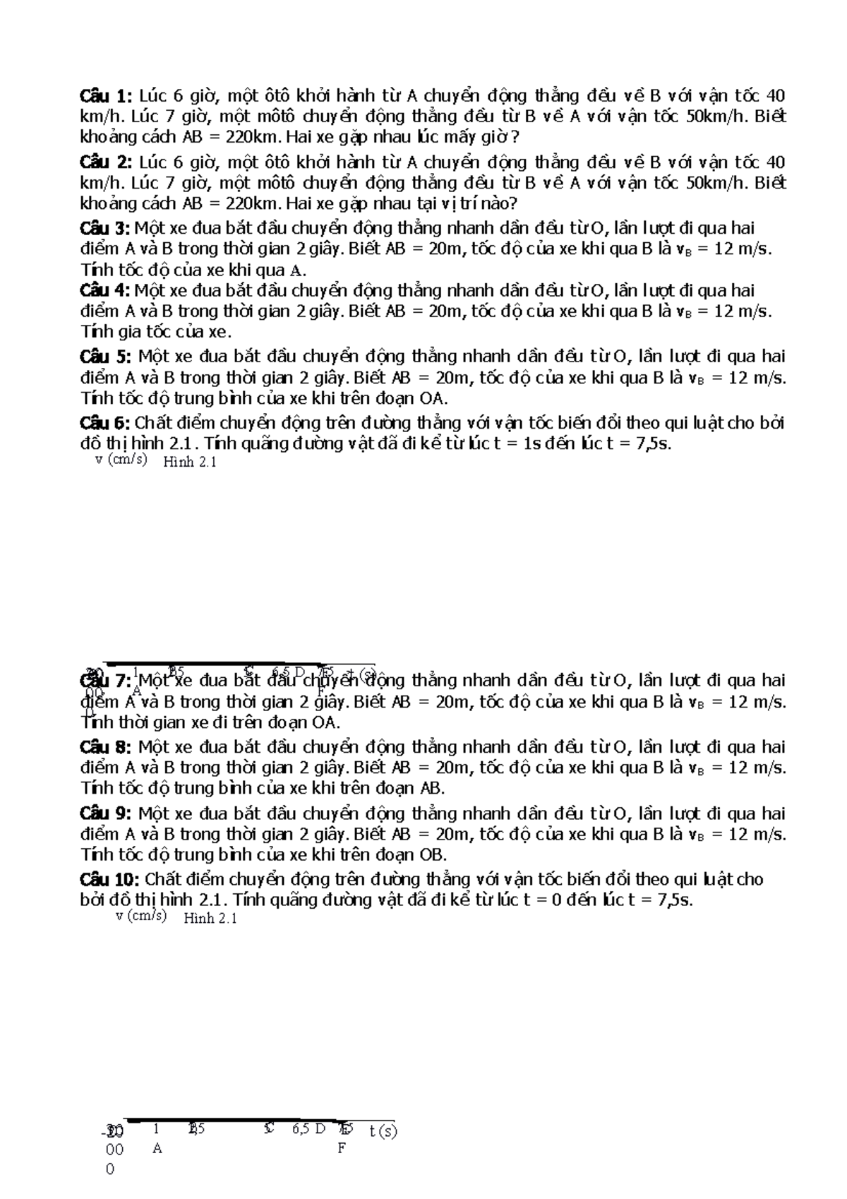 Cơ - C1 - không - Câu 1: Lúc 6 gi ờ, m ột ôtô kh ởi hành t ừ A chuy ển đ ộng th ẳng đ ều v ề B v ...