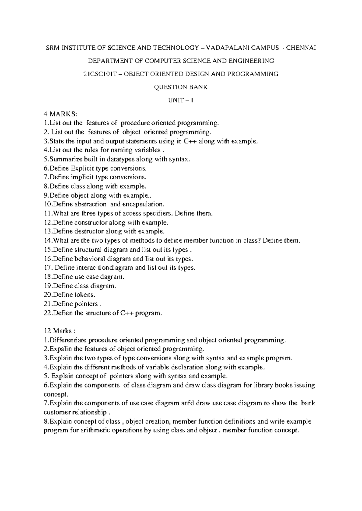 Unit 1 Question Bank Srm Institute Of Science And Technology Vadapalani Campus Chennai 