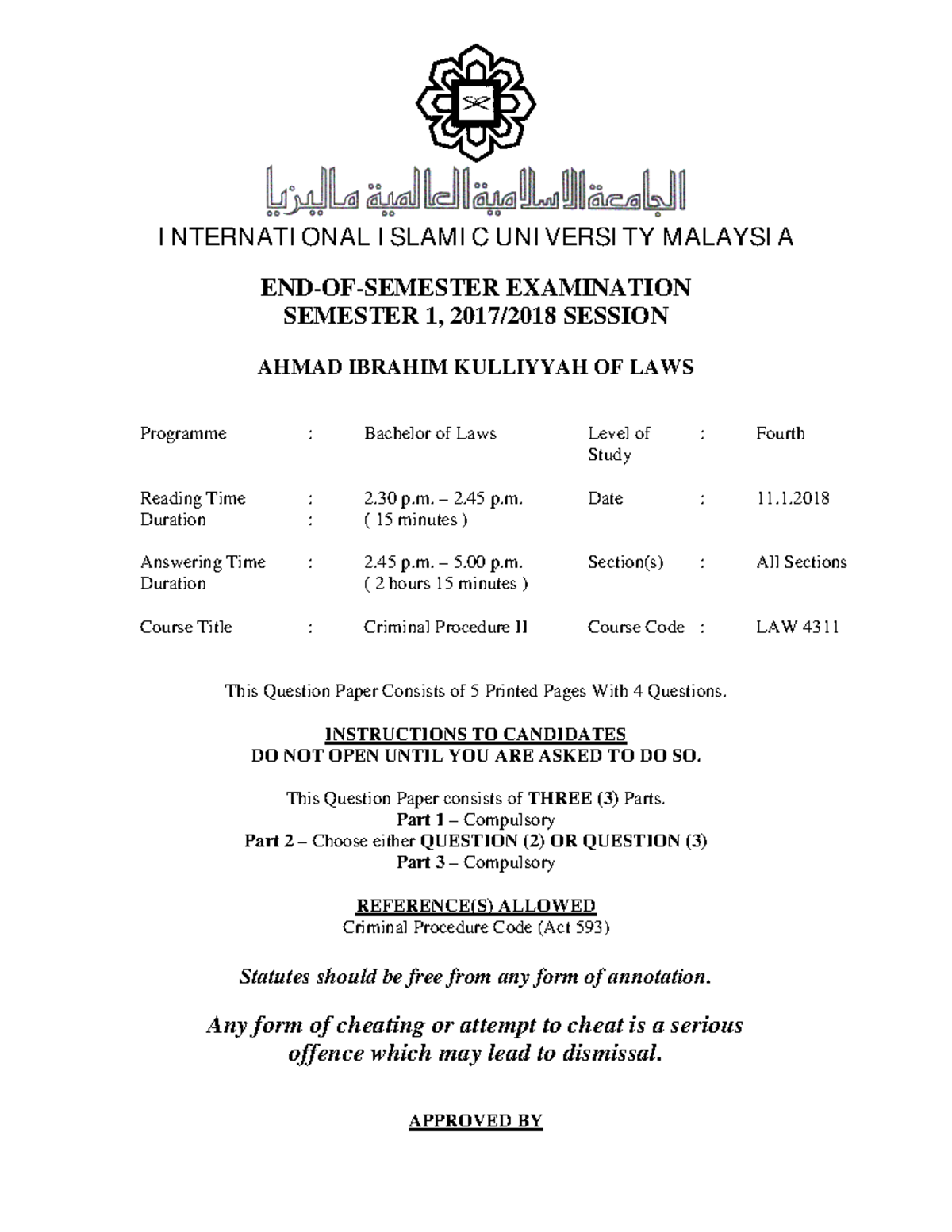 Exam 13 January, questions - INTERNATIONAL ISLAMIC UNIVERSITY MALAYSIA ...