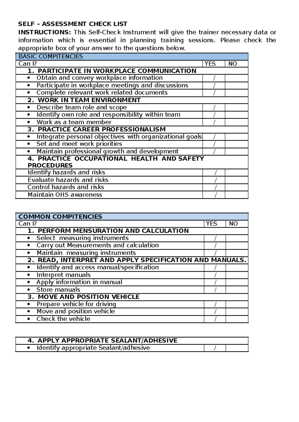 Self Assessment Check list - SELF – ASSESSMENT CHECK LIST INSTRUCTIONS ...