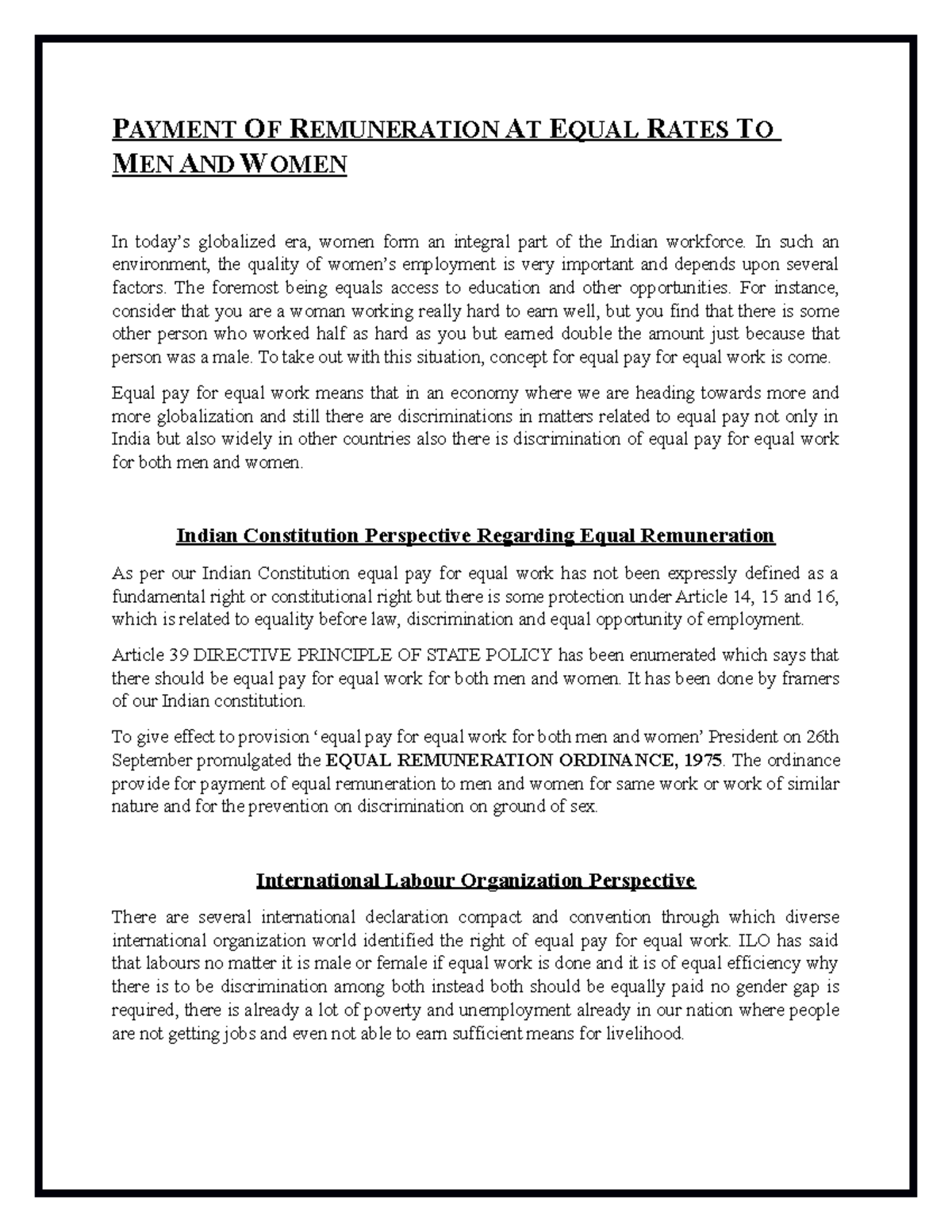 Labour law - assingment - PAYMENT OF REMUNERATION AT EQUAL RATES TO MEN ...