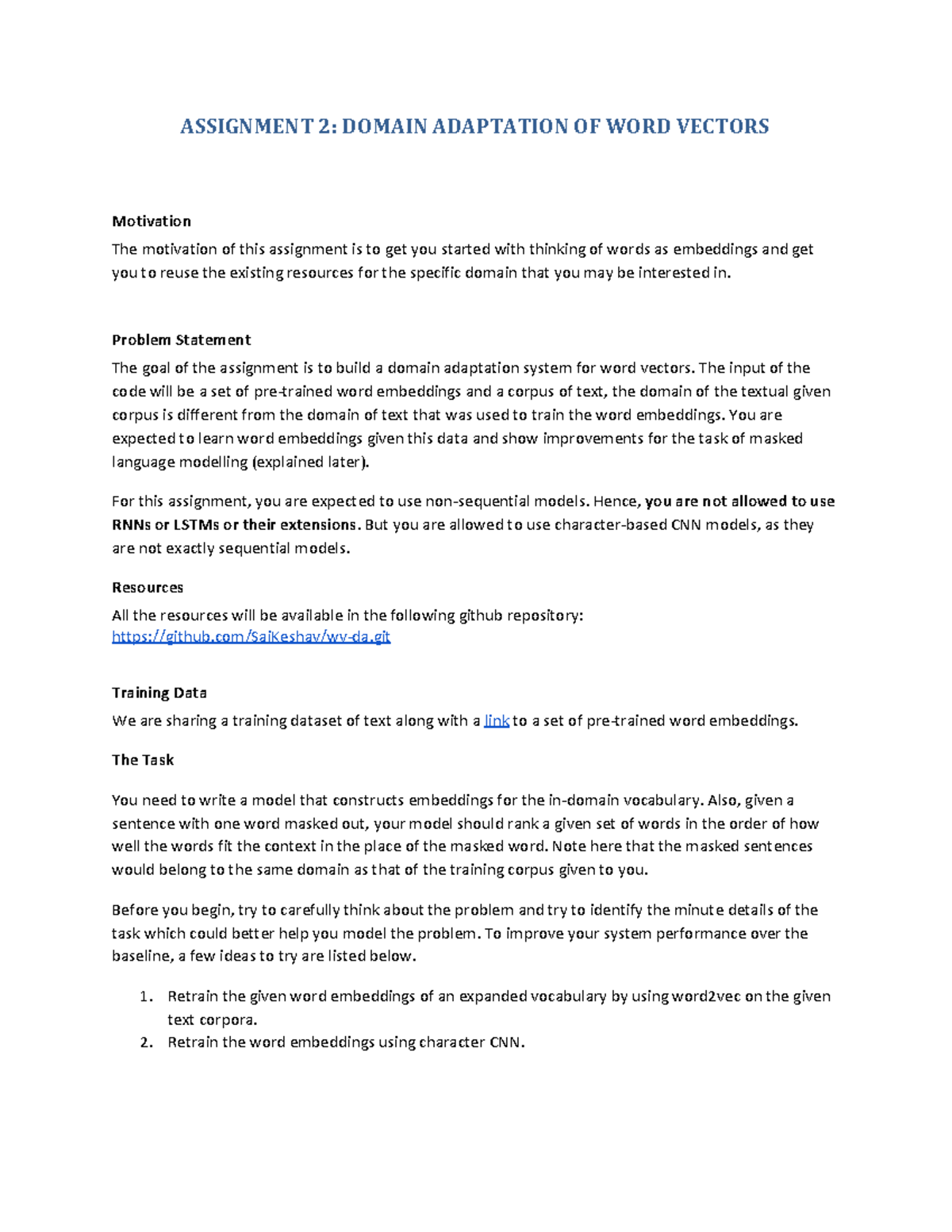Problem statement (12) - ASSIGNMENT 2: DOMAIN ADAPTATION OF WORD VECTORS Motivation The ...