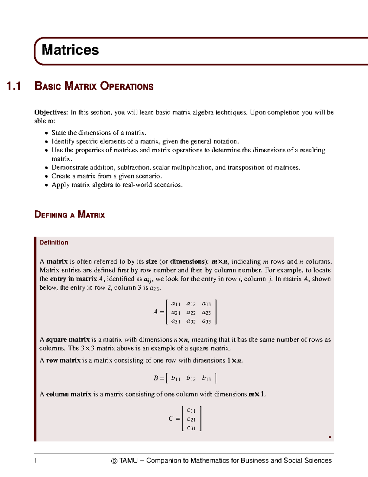 Section 1.1 Blank - math notes - Matrices 1 Basic Matrix Operations ...