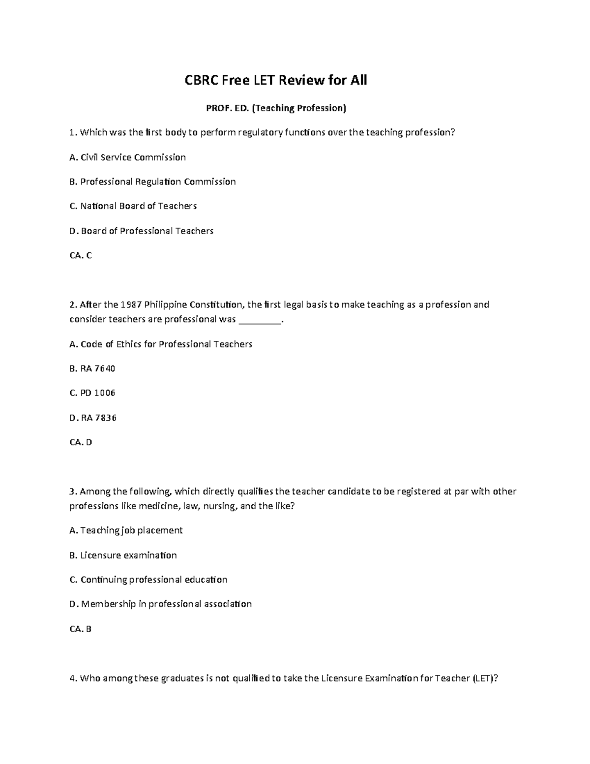 Profed - review - CBRC Free LET Review for All PROF. ED. (Teaching ...