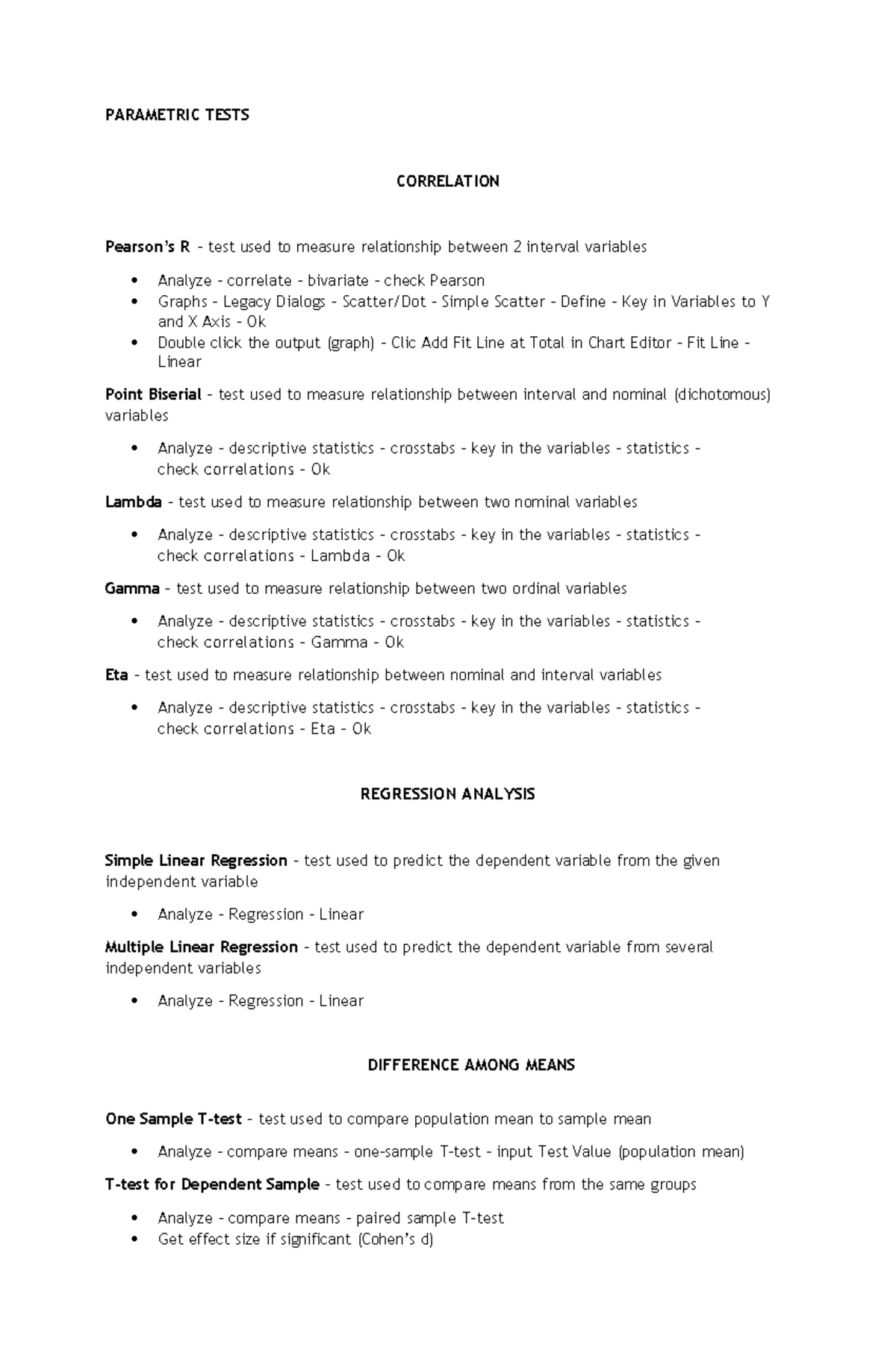 SPSS Stat Tools Guide - PARAMETRIC TESTS CORRELATION Pearson’s R - test ...