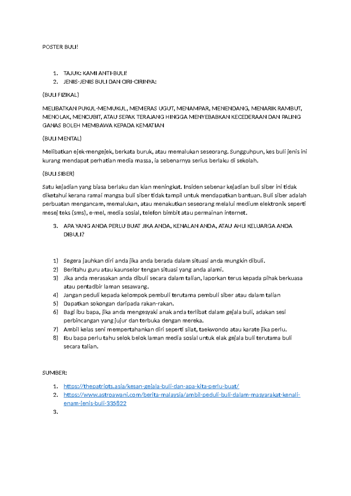 Poster BULI - POSTER BULI! 1. TAJUK: KAMI ANTI-BULI! 2. JENIS-JENIS ...