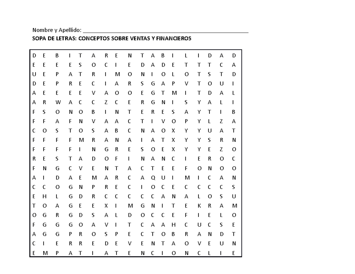Sopa de Letras MKT-Finanzas-Eco-CMI - Nombre y Apellido: - Studocu