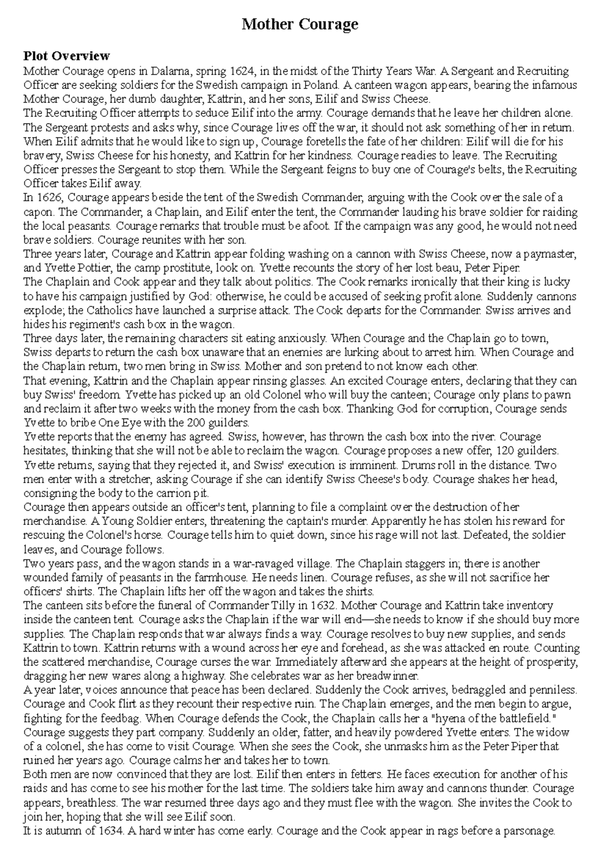 Mother Courage and Her Children - Summary and Analysis - Mother Courage ...