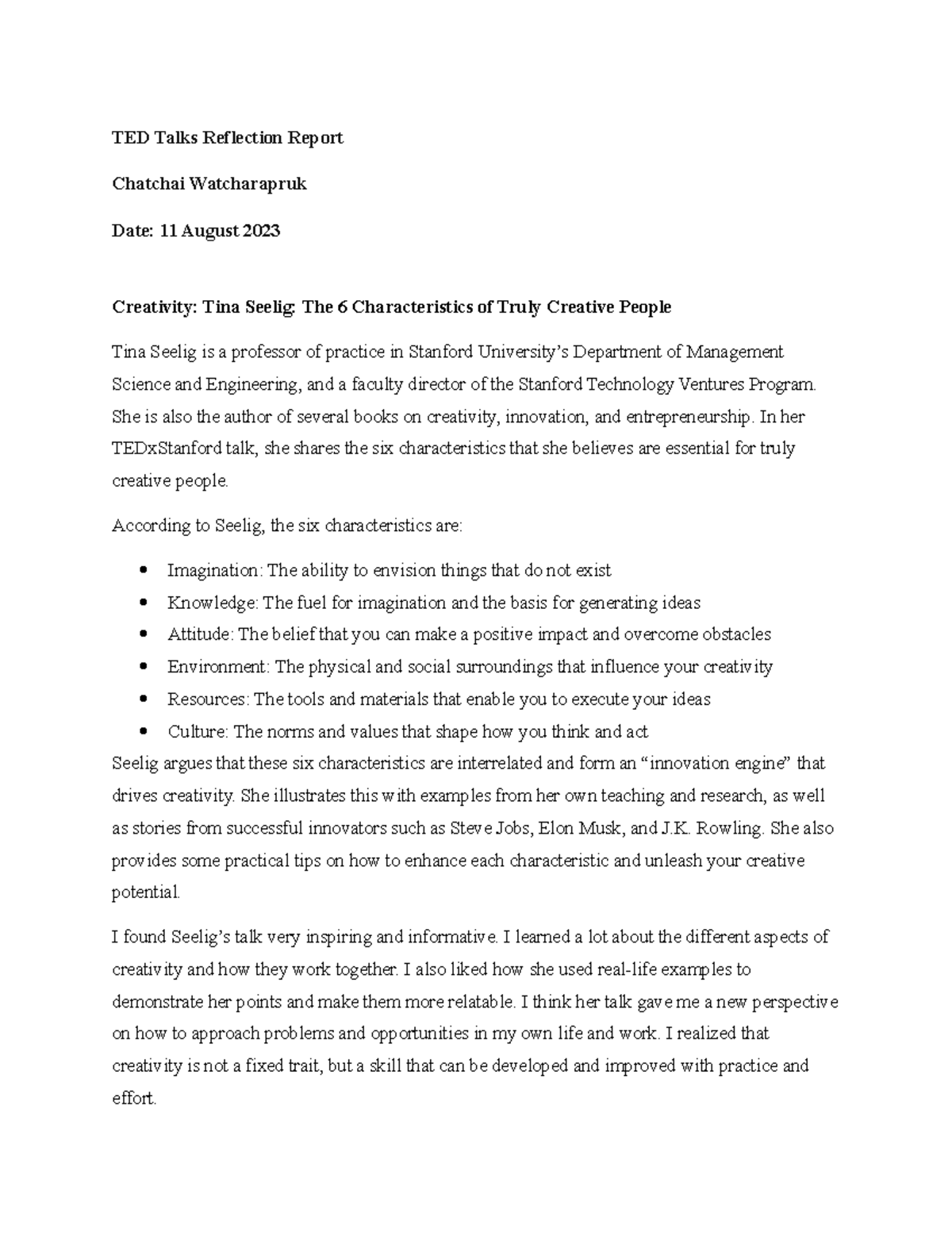 TED Talk Reflection - Assignment that is required to do by the ...