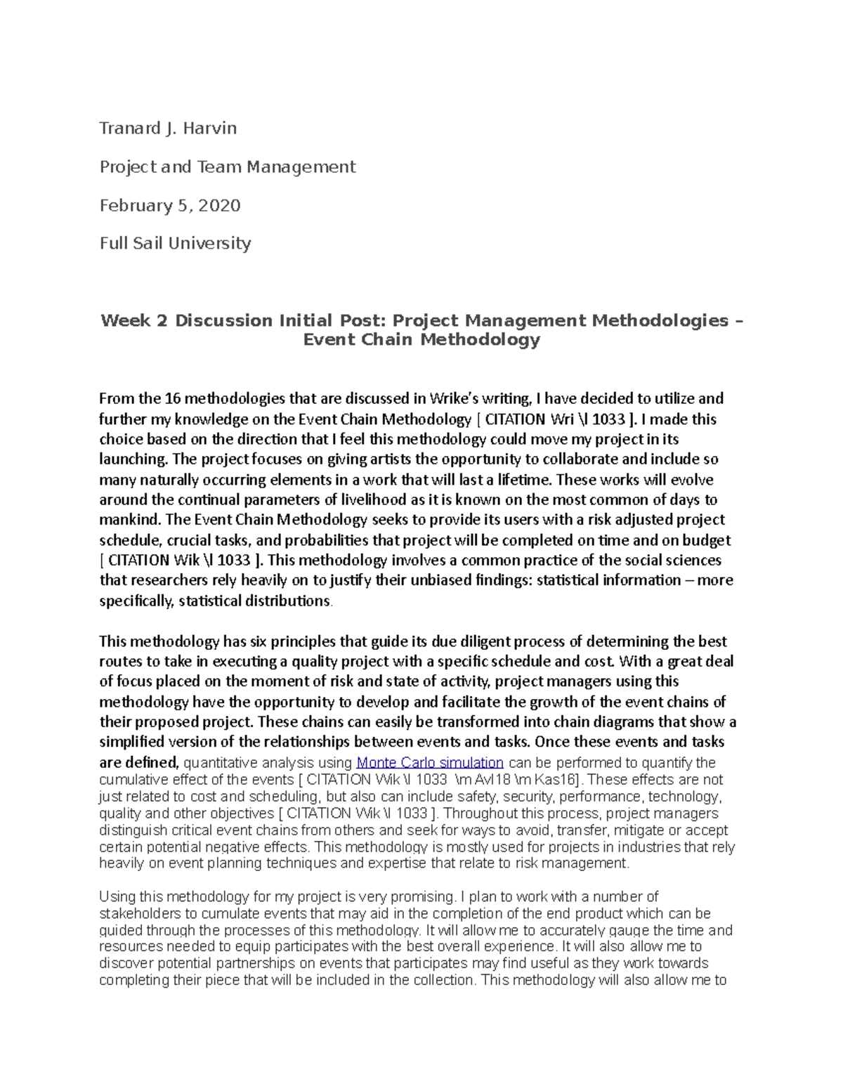 Week 2 Discussion Initial Post- Project Management Methodologies ...