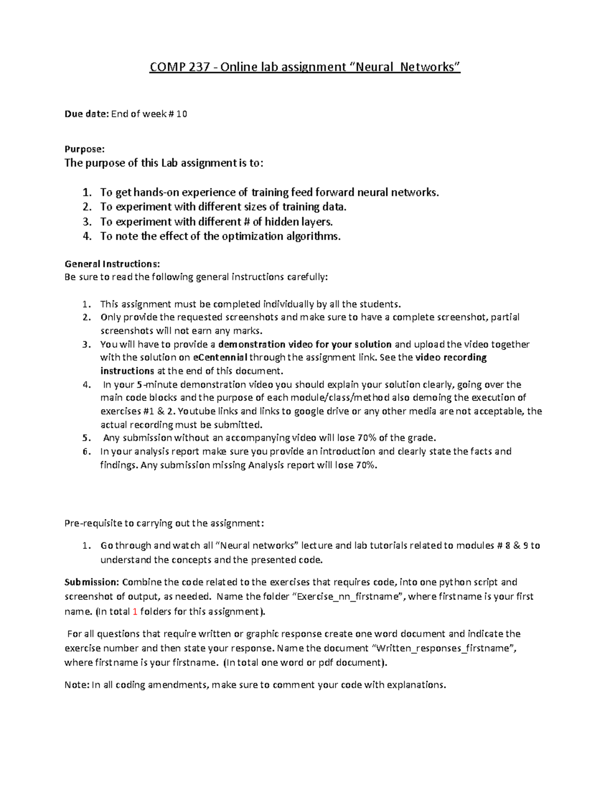 Assignment Neural networks wdemo - COMP 237 - Online lab assignment