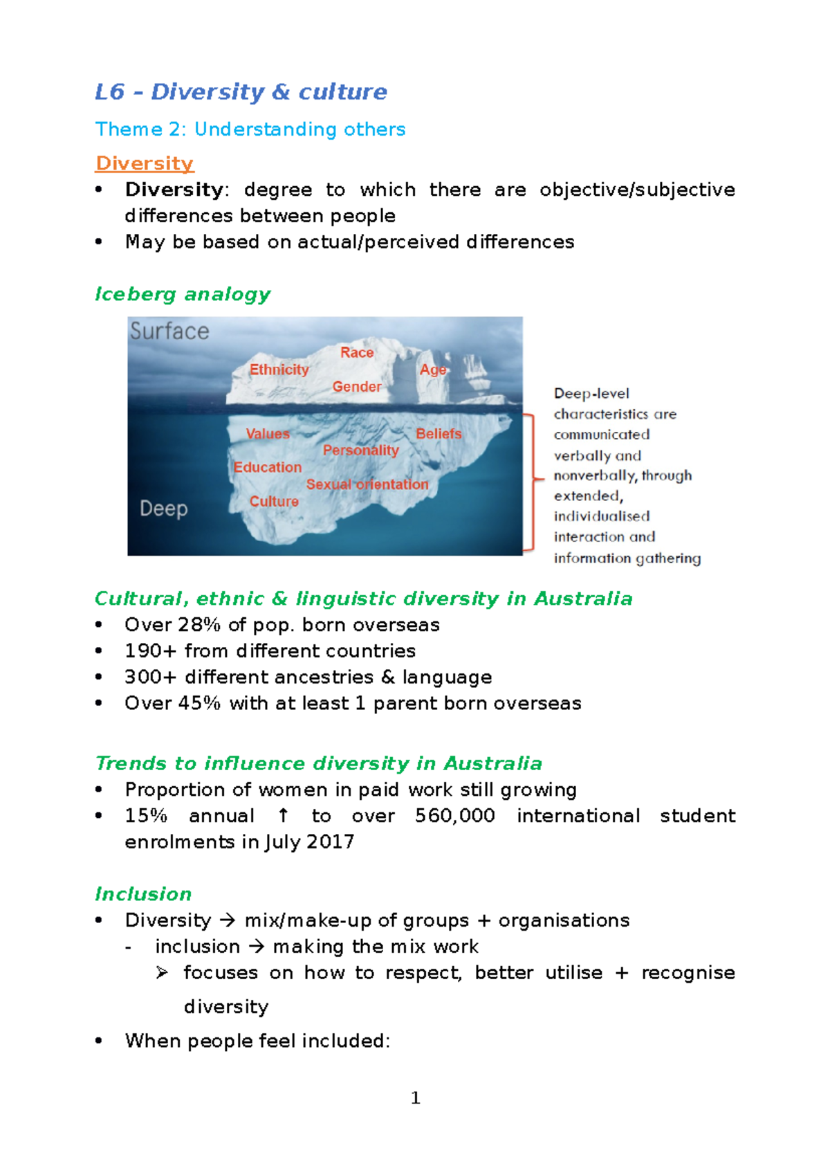 Lecture 6 notes - L6 – Diversity & culture Theme 2: Understanding ...