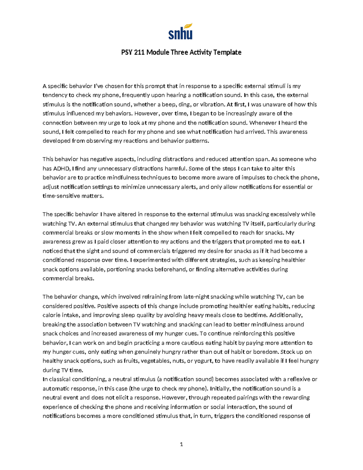 PSY 211 Module Three Activity Template - In this case, the external ...