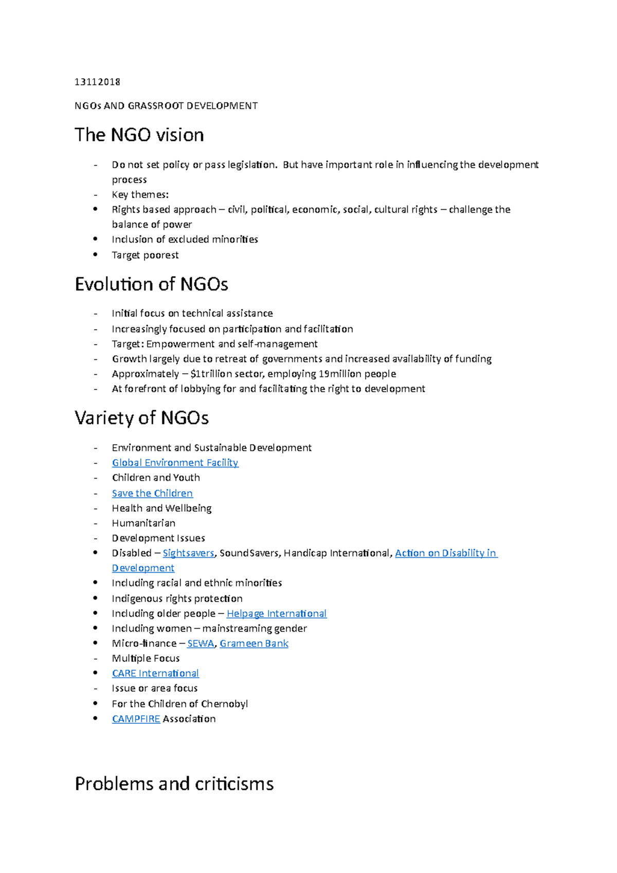 NGOs - 13112018 NGOs AND GRASSROOT DEVELOPMENT The NGO vision Do not ...