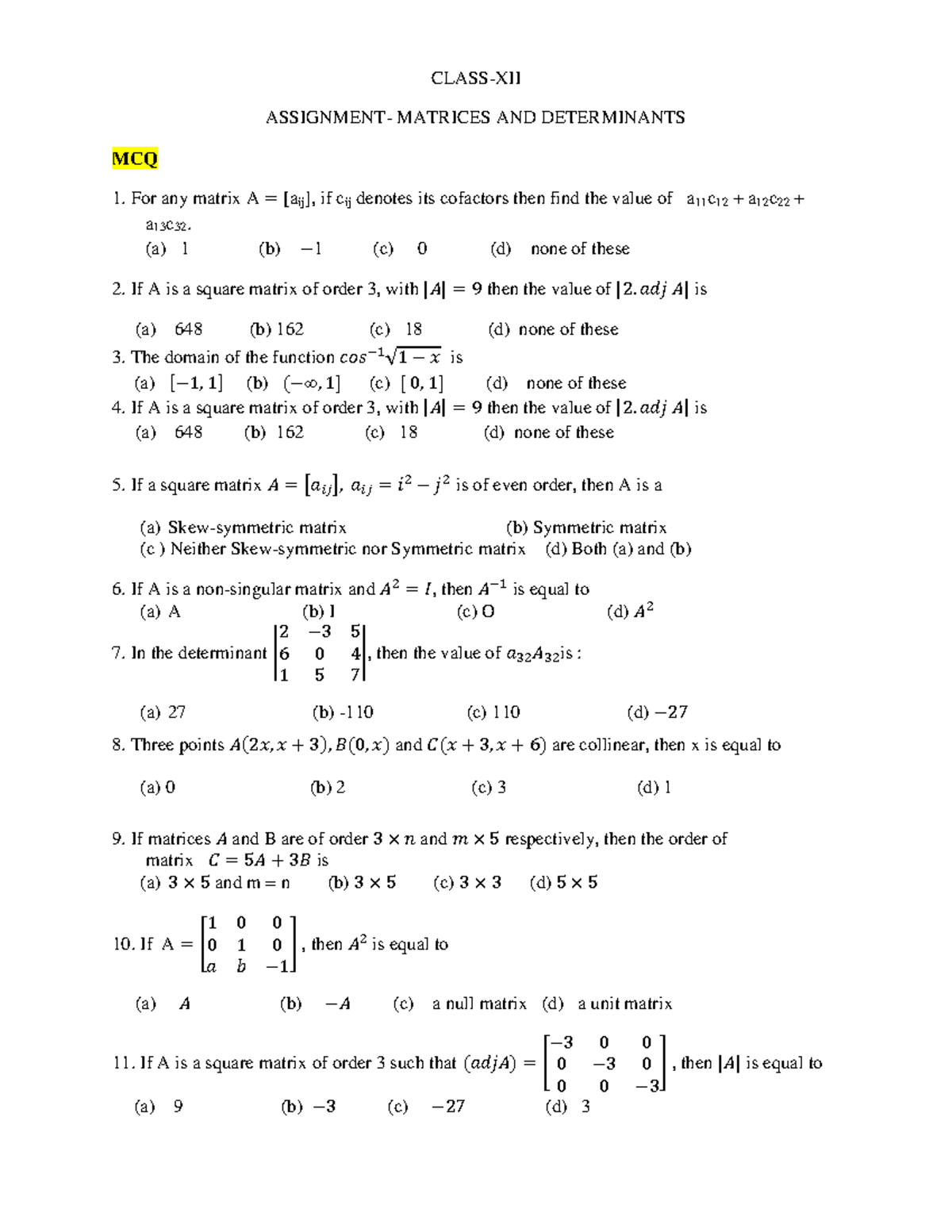 Matrices AND Determinants Assignment - CLASS-XII ASSIGNMENT- MATRICES AND DETERMINANTS MCQ For ...