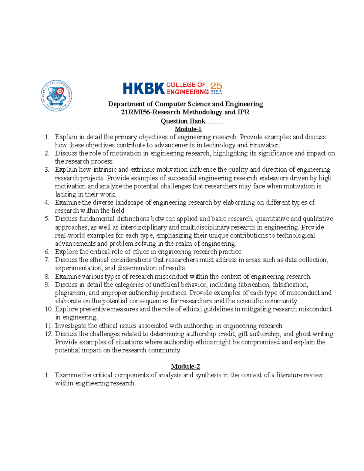 21RMI56 IA1 question bank - Department of Computer Science and ...