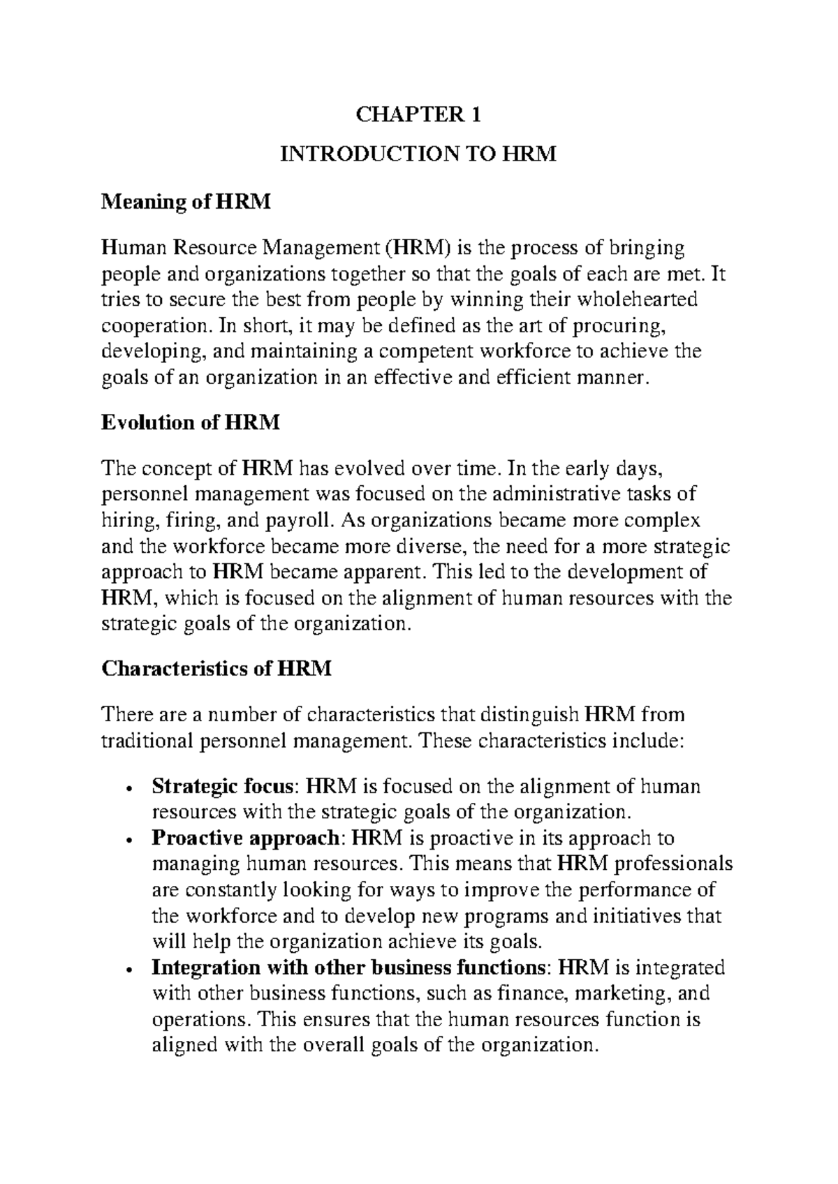 HRM CH 1 TO 5 - CHAPTER 1 INTRODUCTION TO HRM Meaning of HRM Human Resource Management (HRM) is ...