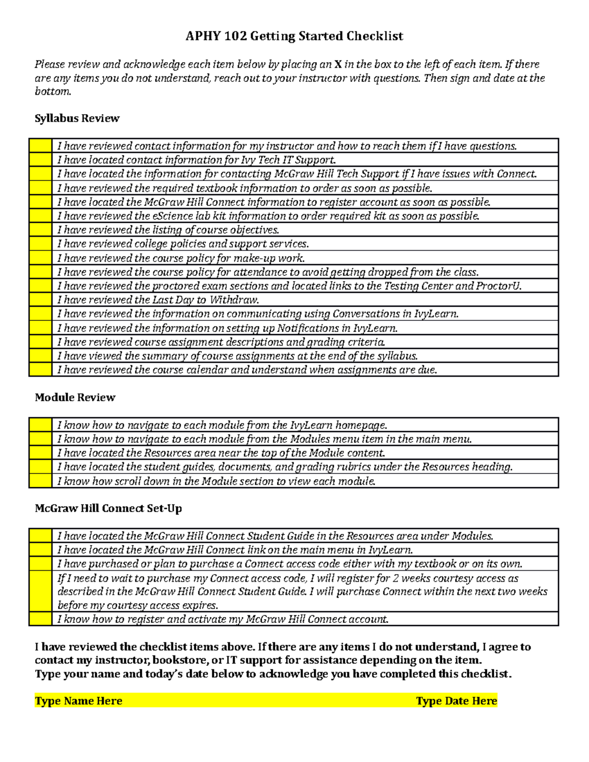 APHY 102 Getting Started Checklist - APHY 102 Getting Started Checklist ...