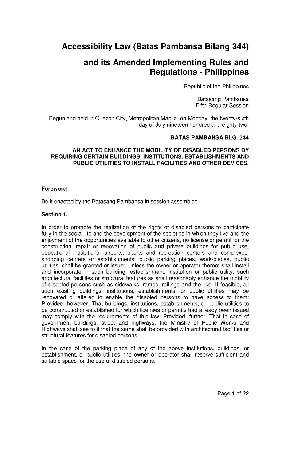 Bp344-1983 - copy of bp344 - Accessibility Law (Batas Pambansa Bilang ...