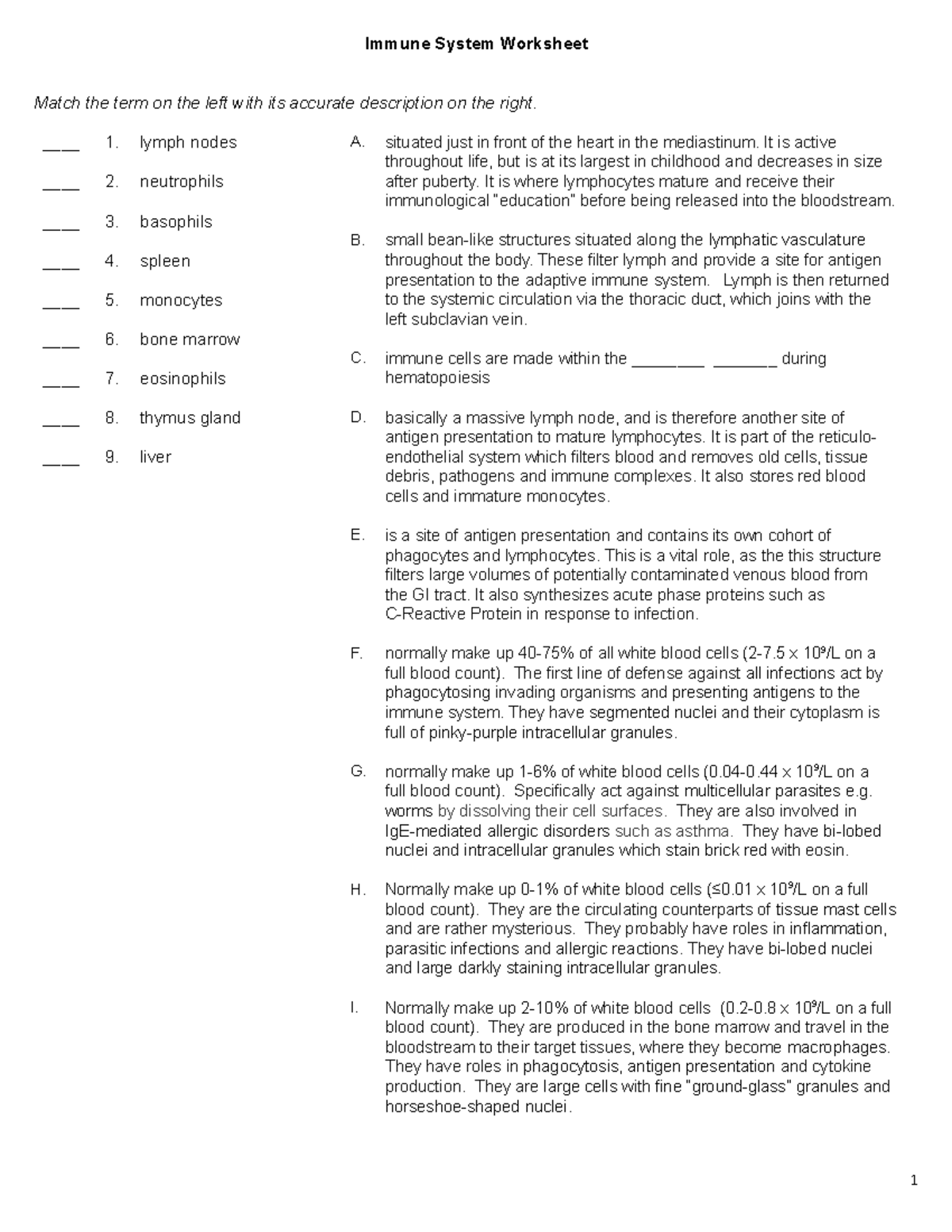 Projects Immunity Worksheet - Immune System Worksheet Match the term on ...