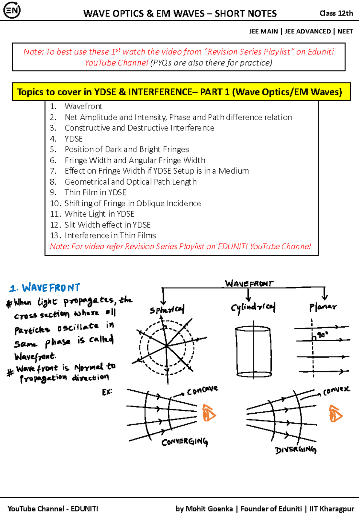 Q. Wave Optics EM Waves Short Notes Eduniti - 1. Wavefront 2. Net ...