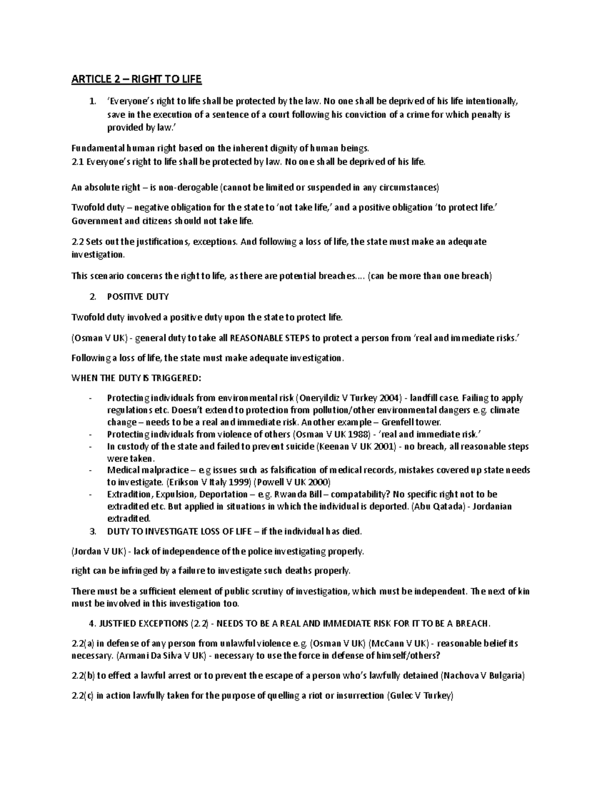 Human Rights - Article 2 - ARTICLE 2 – RIGHT TO LIFE ‘Everyone’s right ...