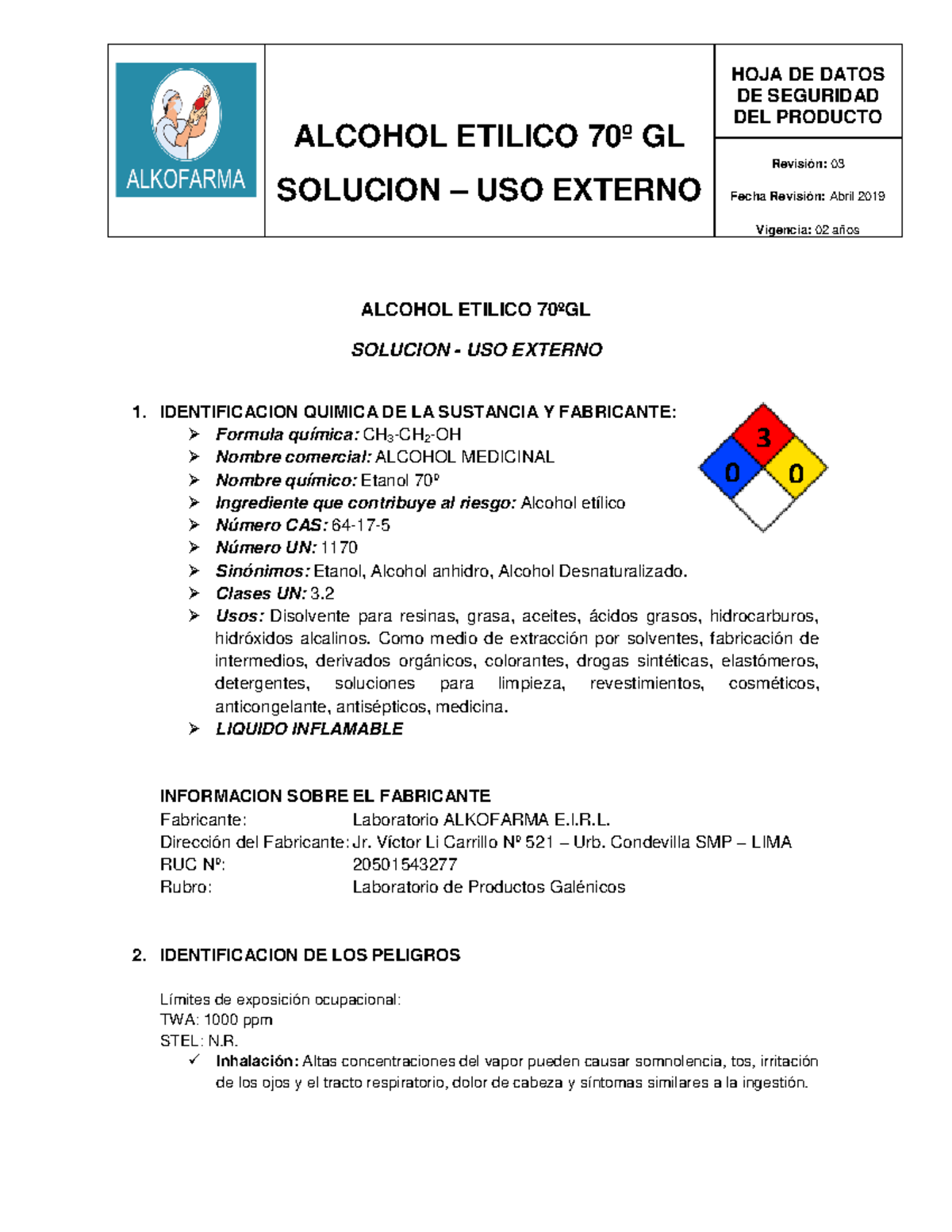MSDS- Alcohol 70° Alkofarma - ALCOHOL ETILICO 70º GL SOLUCION – USO ...