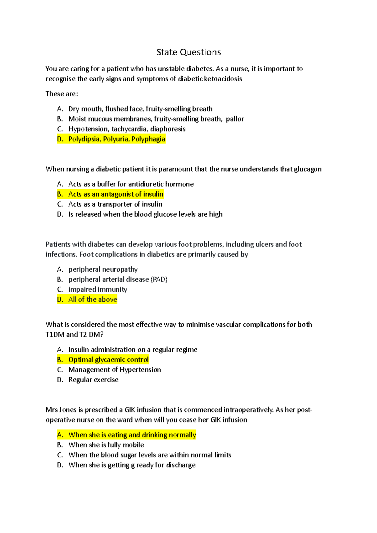Diabetes and hypertension State questions - State Questions You are ...