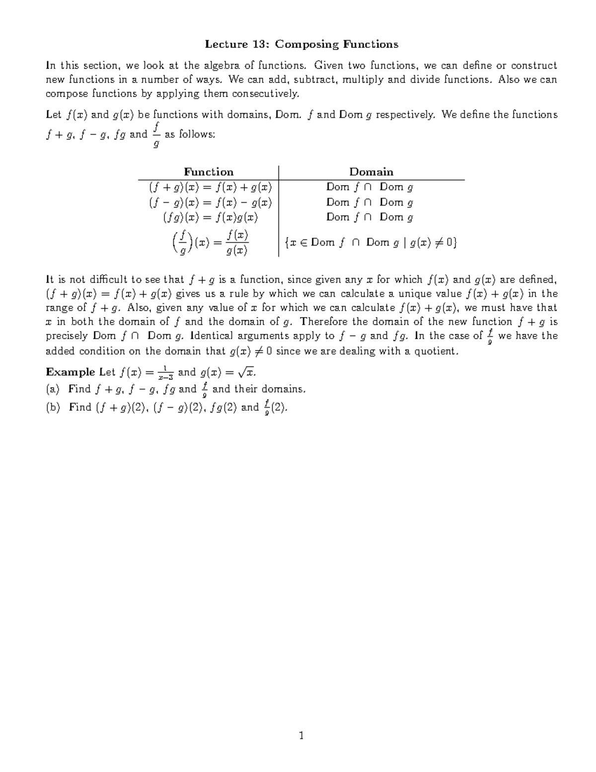 Precalculus Lecture 13 Composing Functions Lecture 13 Composing