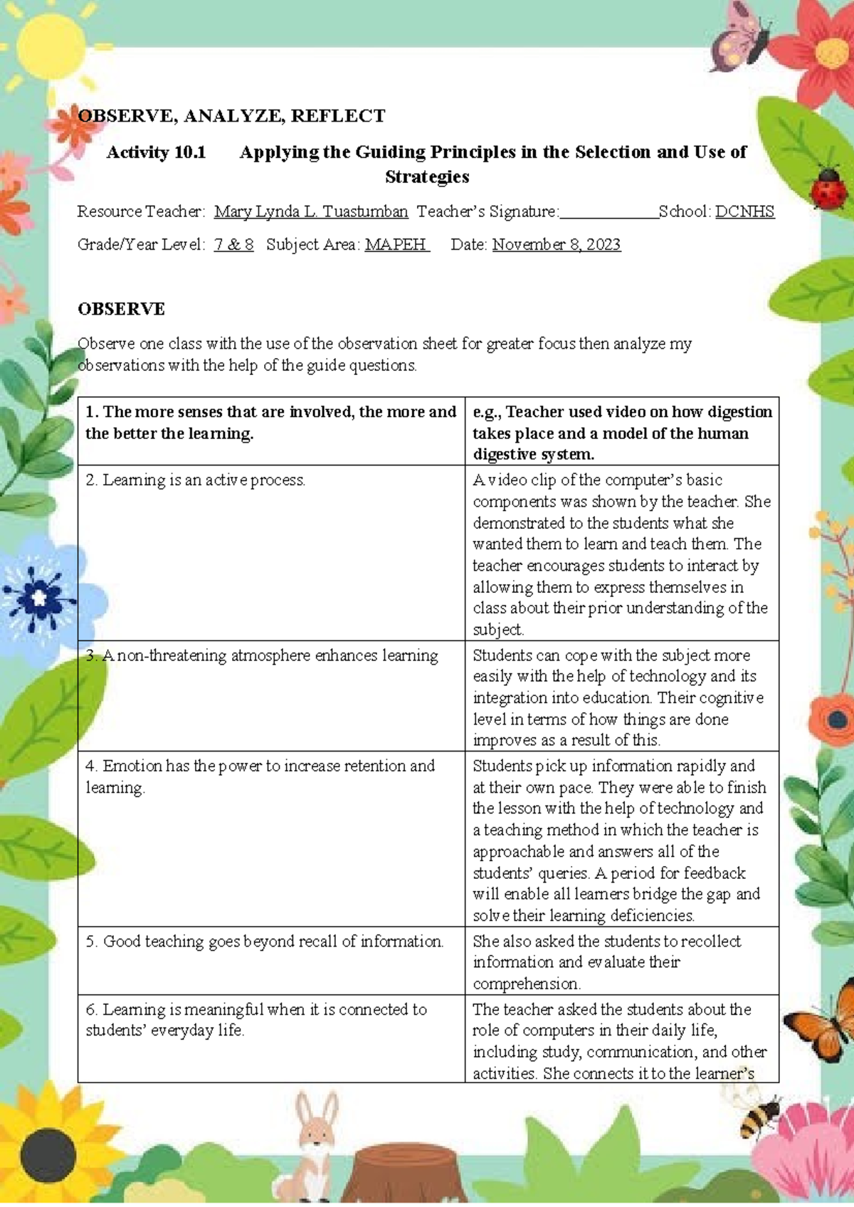 Episode-10 - OBSERVE, ANALYZE, REFLECT Activity 10 Applying the Guiding ...