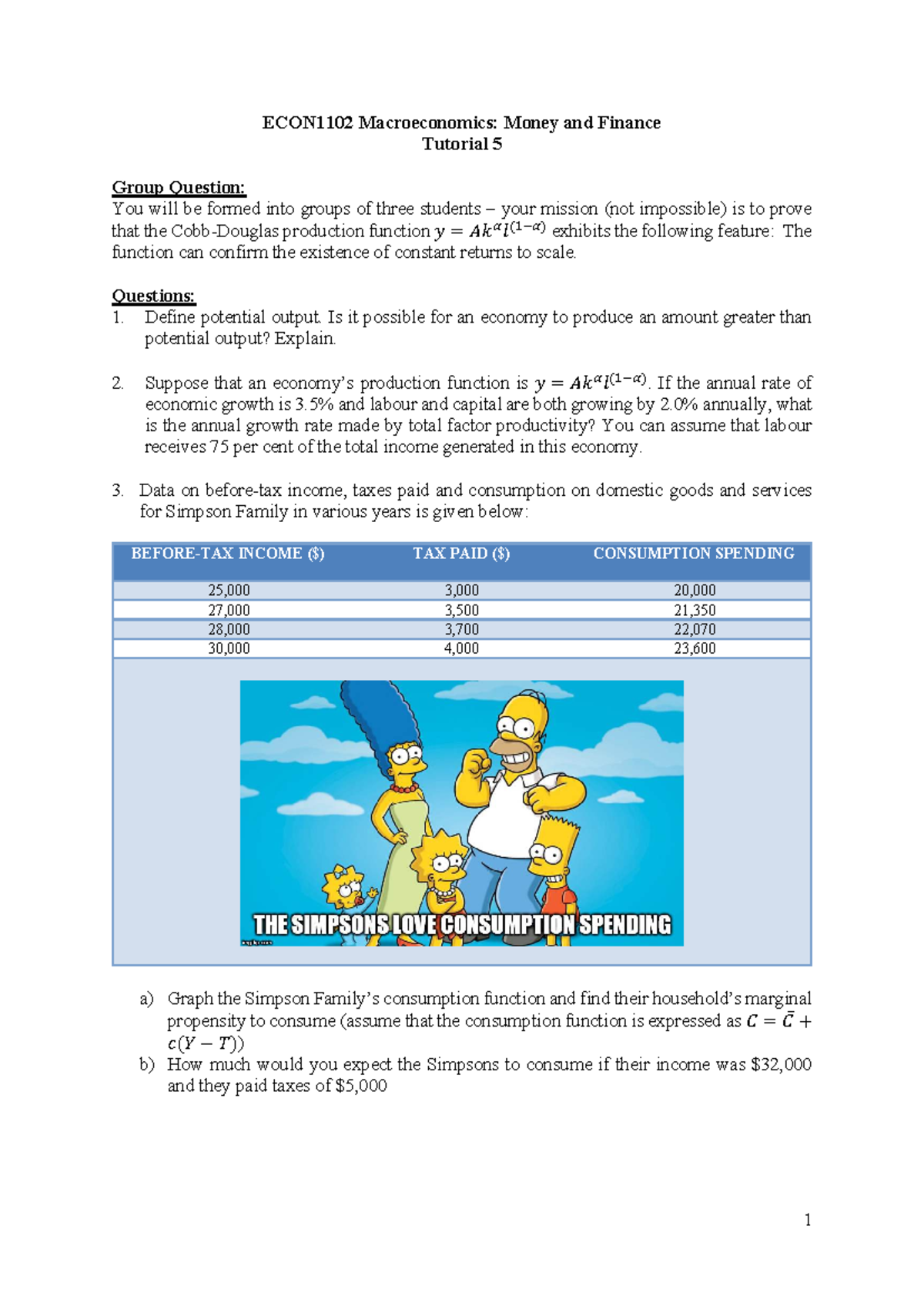 Tutorial 5 Questions Tute Work 1 Econ1102 Macroeconomics Money And Finance Tutorial 5 Group