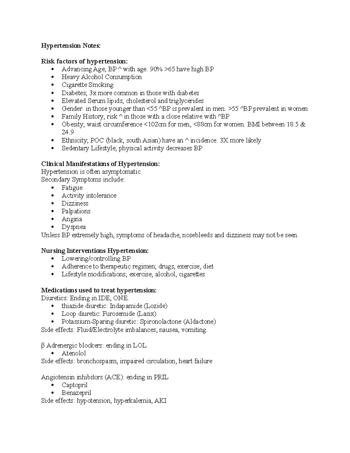 Hypertension Notes - Hypertension Notes: Risk factors of hypertension ...