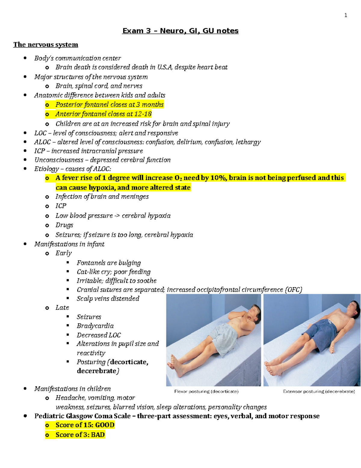 RN Pediatric Exam 3 study notes - Exam 3 – Neuro, GI, GU notes The ...