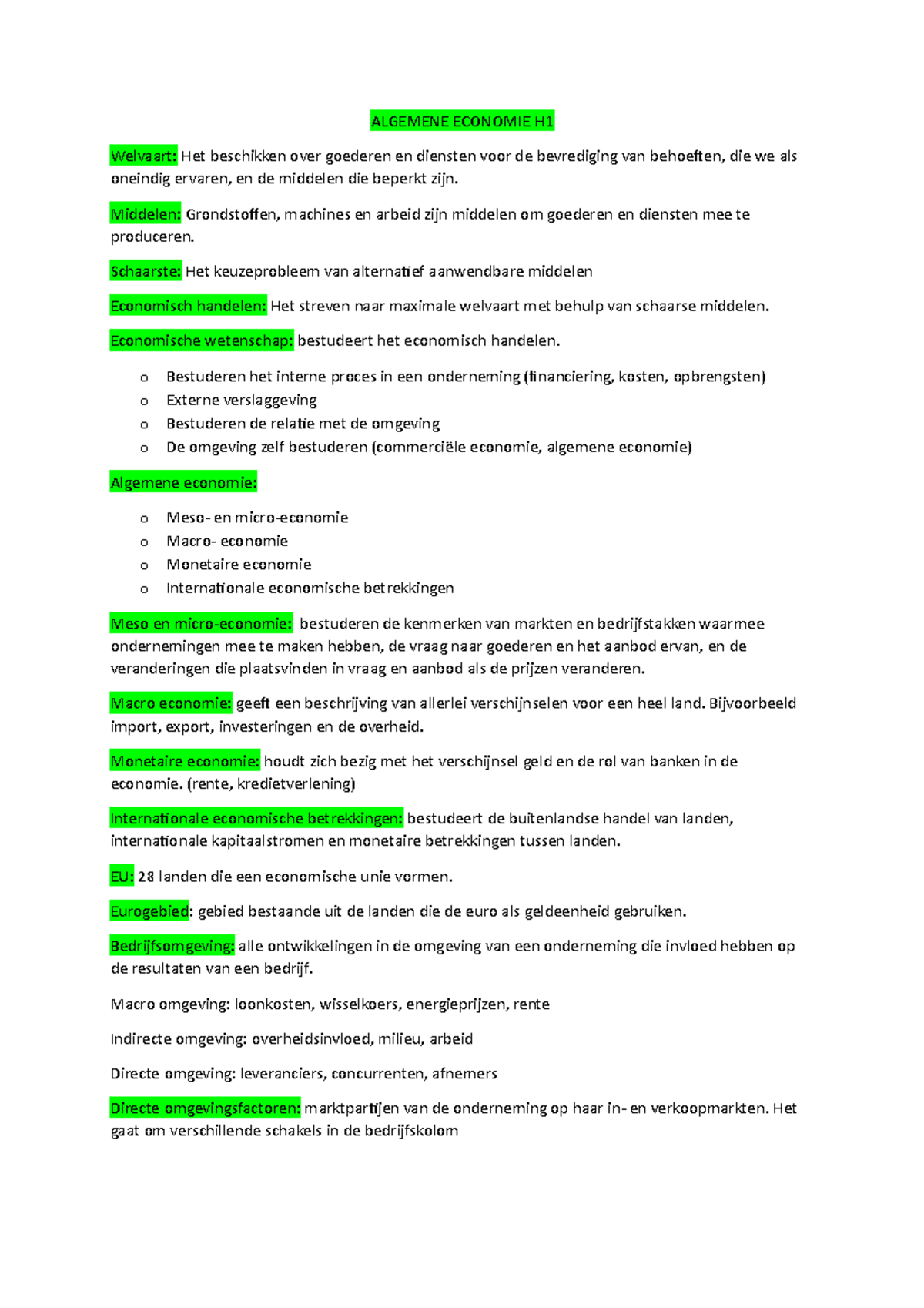 Algemene Economie H1 - ALGEMENE ECONOMIE H1 Welvaart: Het beschikken ...