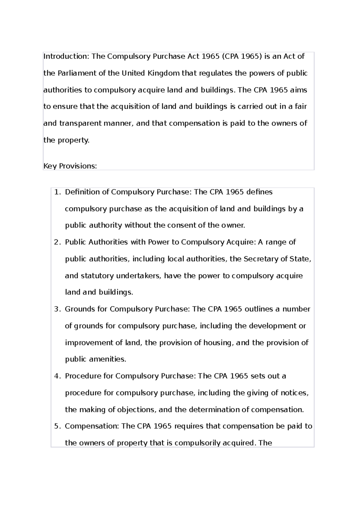 Compulsory Purchase Act 1965: Powers Procedure and Compensation - Studocu