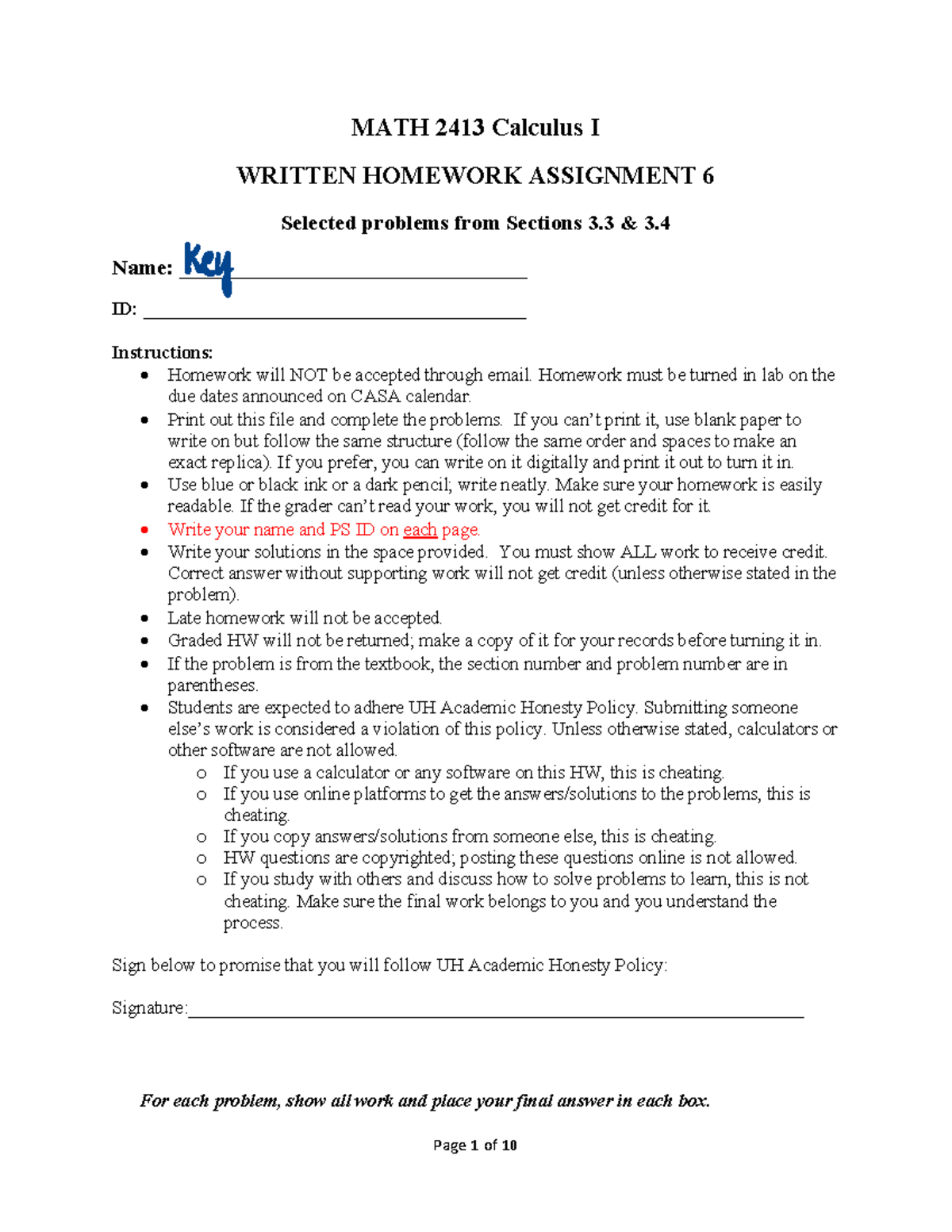 2413 whw6 key - 2413 whw6 key - MATH 2413 Calculus I WRITTEN HOMEWORK ...