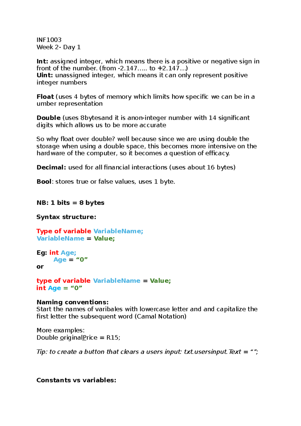 INF1003 Theory class notes week 1-5 - INF Week 2- Day 1 Int: assigned ...
