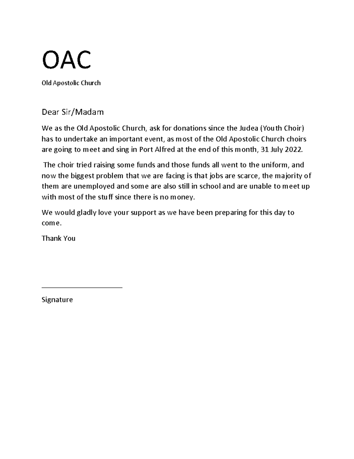 OAC Donation Letter - Don't bother opening - OAC Old Apostolic Church ...