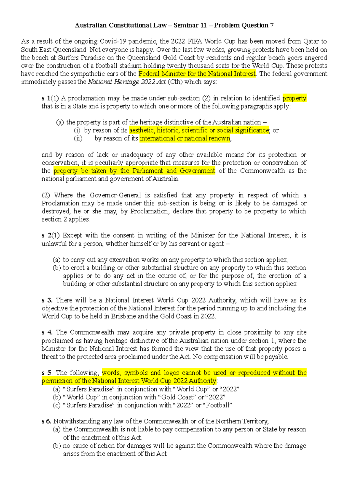 11 - Problem Question 7-1 - Australian Constitutional Law – Seminar 11 ...